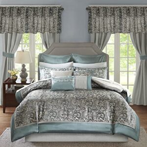 Madison Park Essentials Brystol 24 Piece Room in a Bag Faux Silk Comforter Jacquard Paisley Design Matching Curtains Down Alternative Hypoallergenic All Season Bedding-Set, Queen (90 in x 90 in), Teal