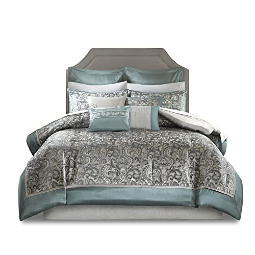 Madison Park Essentials Brystol 24 Piece Room in a Bag Faux Silk Comforter Jacquard Paisley Design Matching Curtains Down Alternative Hypoallergenic All Season Bedding-Set, Queen (90 in x 90 in), Teal