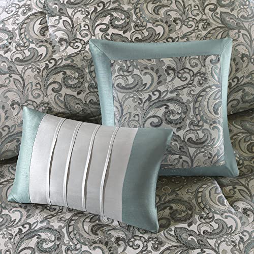 Madison Park Essentials Brystol 24 Piece Room in a Bag Faux Silk Comforter Jacquard Paisley Design Matching Curtains Down Alternative Hypoallergenic All Season Bedding-Set, Queen (90 in x 90 in), Teal