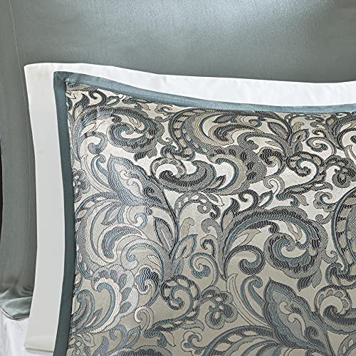 Madison Park Essentials Brystol 24 Piece Room in a Bag Faux Silk Comforter Jacquard Paisley Design Matching Curtains Down Alternative Hypoallergenic All Season Bedding-Set, Queen (90 in x 90 in), Teal