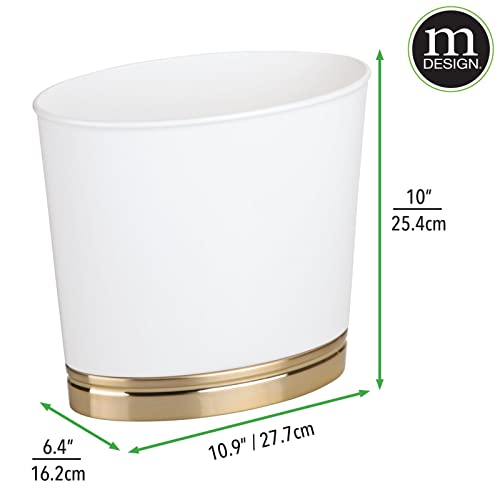 mDesign Oval Slim Decorative Trash Can with Accenting Base, Wastebasket for Bathroom, Bedroom Holds Garbage, Waste, Paper, Recyclables - Hyde Collection - White/Soft Brass