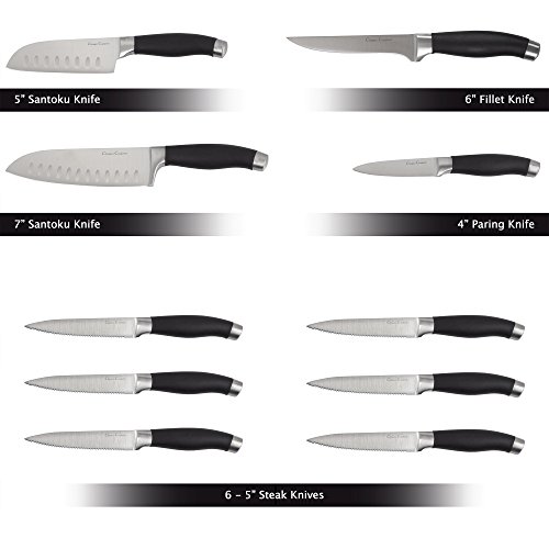 Professional Quality 15 Piece Stainless Knife Set with Shears Sharpener Chef Bread Santoku Filet Paring Steak Knives and Wood Block by Classic Cuisine