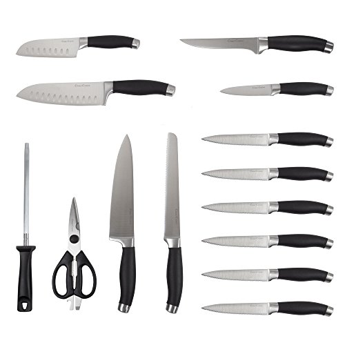 Professional Quality 15 Piece Stainless Knife Set with Shears Sharpener Chef Bread Santoku Filet Paring Steak Knives and Wood Block by Classic Cuisine