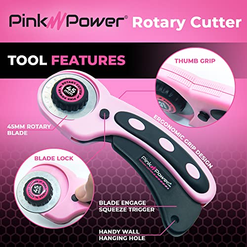 Pink Power Rotary Cutter Set with Ergonomic Handle Fabric Cutter Wheel for Sewing, Quilting, Crafting, and Scrapbooking and 45mm Rotary Cutter Blade (Rotary Cutter)