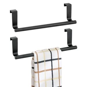 mdesign over kitchen cabinet door towel bar holder for hand, dish, and tea towel rack - over the door towel bar- hang inside or outside doors - kitchen organizer - omni collection, 2 pack, matte black