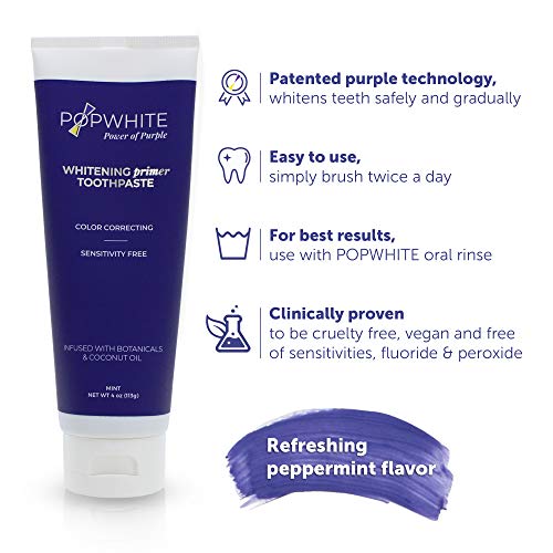 POPWHITE Natural Teeth Whitening Primer Purple Toothpaste, Botanical Formula for Safe, Gradual Teeth Whitening at Home, Mint Flavor Teeth Whitening Toothpaste, 4 oz - Manufacturer Date 9/21