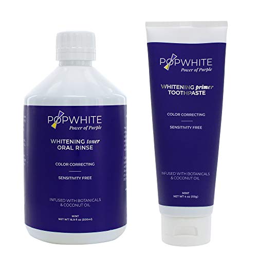 POPWHITE Purple Power Duo Natural Teeth Whitening with 4 oz Primer Toothpaste and 16.9 oz Whitening Toner Oral Rinse, Vegan and PETA Certified, Mint Flavor, USA Made