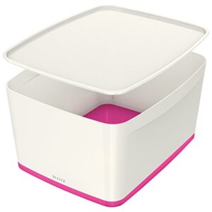 Leitz Large MyBox with Lid, Storage Box for Home and Office, High Gloss Plastic, 18 Litre, A4, White/Pink Metallic