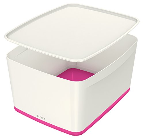 Leitz Large MyBox with Lid, Storage Box for Home and Office, High Gloss Plastic, 18 Litre, A4, White/Pink Metallic