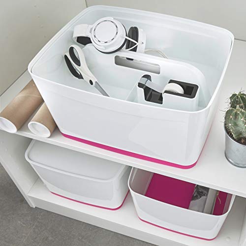 Leitz Large MyBox with Lid, Storage Box for Home and Office, High Gloss Plastic, 18 Litre, A4, White/Pink Metallic