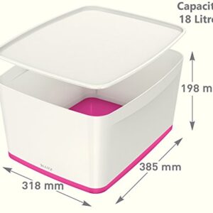 Leitz Large MyBox with Lid, Storage Box for Home and Office, High Gloss Plastic, 18 Litre, A4, White/Pink Metallic