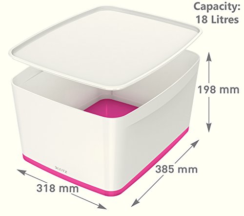 Leitz Large MyBox with Lid, Storage Box for Home and Office, High Gloss Plastic, 18 Litre, A4, White/Pink Metallic