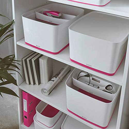 Leitz Large MyBox with Lid, Storage Box for Home and Office, High Gloss Plastic, 18 Litre, A4, White/Pink Metallic