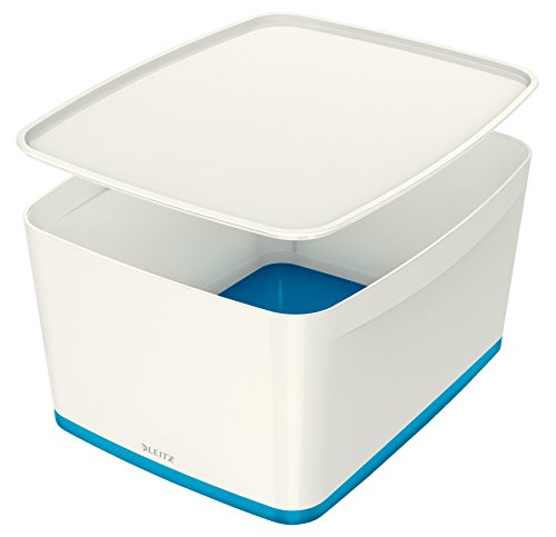 Leitz Large MyBox with Lid, Storage Box for Home and Office, High Gloss Plastic, 18 Litre, A4, White/Blue Metallic