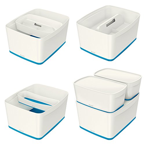 Leitz Large MyBox with Lid, Storage Box for Home and Office, High Gloss Plastic, 18 Litre, A4, White/Blue Metallic