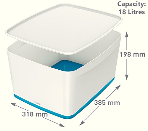 Leitz Large MyBox with Lid, Storage Box for Home and Office, High Gloss Plastic, 18 Litre, A4, White/Blue Metallic