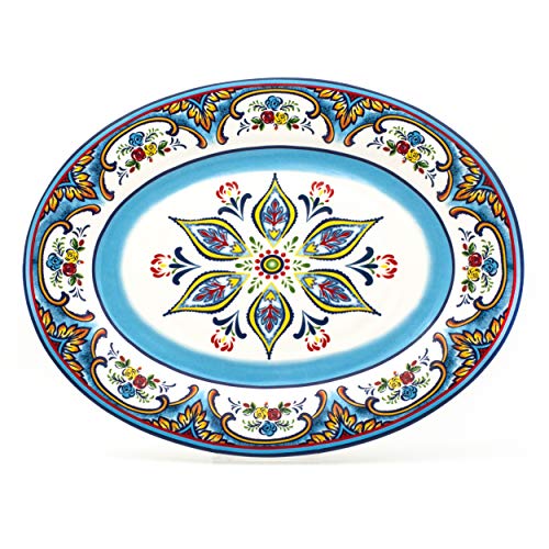 EuroCeramica Zanzibar Collection Oval Platters, 18'' Large, Spanish Floral Design, Multicolor, Blue and White, Turquoise, Yellow and Red