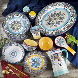 EuroCeramica Zanzibar Collection Oval Platters, 18'' Large, Spanish Floral Design, Multicolor, Blue and White, Turquoise, Yellow and Red