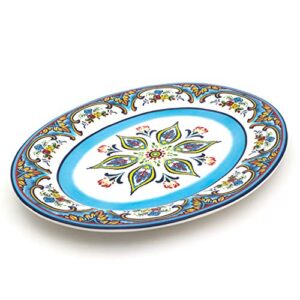 EuroCeramica Zanzibar Collection Oval Platters, 18'' Large, Spanish Floral Design, Multicolor, Blue and White, Turquoise, Yellow and Red