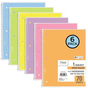 mead spiral notebooks, 6 pack, 1-subject, wide ruled paper, 8" x 10-1/2", 70 sheets, assorted pastel colors (930050-ecm)