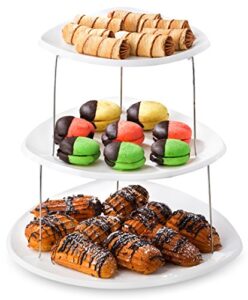 collapsible party tray, 3 tier - the decorative plastic appetizer trays twist down and fold inside for minimal storage space. an elegant tray for serving sandwiches, cake, sliced cheese and deli meat.