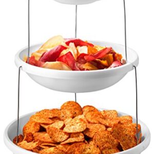 Collapsible Bowl, 3 Tier - The Decorative Plastic Bowls Twist Down and Fold Inside for Minimal Storage Space. Perfect for Serving Snacks, Salad and Fruit. The Top Bowl is Divided into Three Sections.