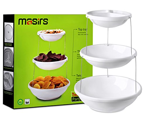 Collapsible Bowl, 3 Tier - The Decorative Plastic Bowls Twist Down and Fold Inside for Minimal Storage Space. Perfect for Serving Snacks, Salad and Fruit. The Top Bowl is Divided into Three Sections.