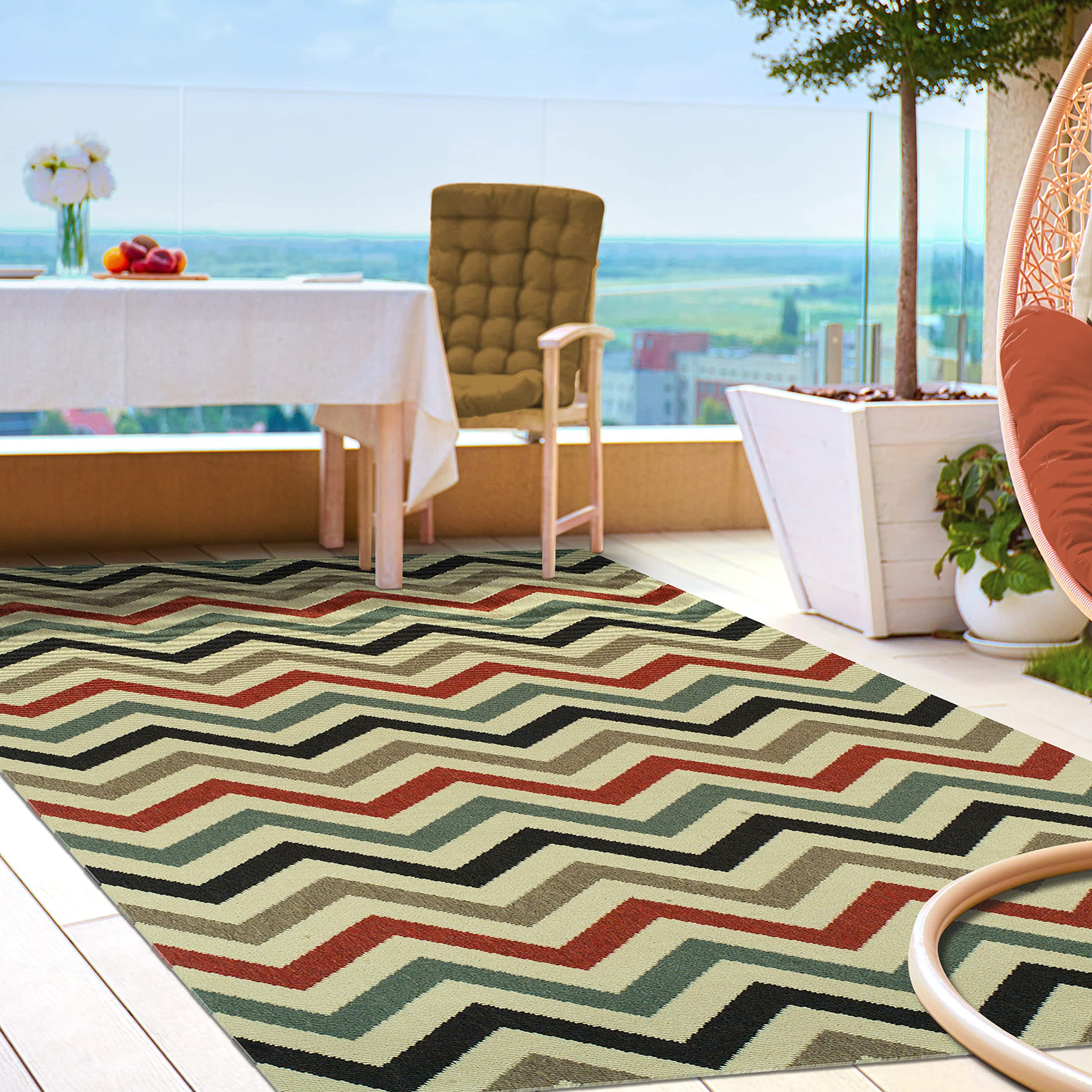 Superior Indoor Outdoor Area Rug, Jute Backed Rugs, Home Decor For Patio, Entryway, Kitchen, Living Room, Poolside, Office, Modern, Zig-Zag Floor Cover, Chevron Collection, 8' x 10', Beige