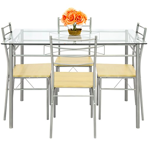 Best Choice Products 5-Piece Glass Top Dining Table Breakfast Set Furniture for Kitchen, Dining Room w/ 4 Chairs, Steel Frame - Silver