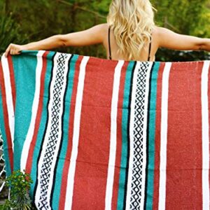 Green and Rust Mexican Blanket by Laguna Beach Textile Co - Beach, Yoga, Camping, or Decorative Throw Blanket - Traditional Handmade Serape - Rustic Green