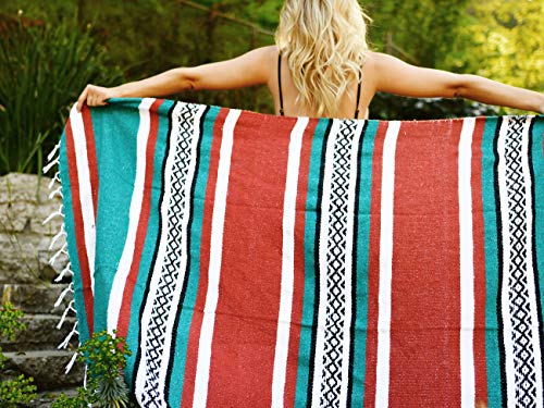 Green and Rust Mexican Blanket by Laguna Beach Textile Co - Beach, Yoga, Camping, or Decorative Throw Blanket - Traditional Handmade Serape - Rustic Green