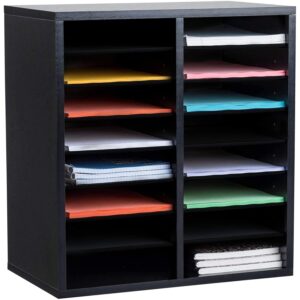 adir wooden literature organizer sorter - stackable mail craft paper storage holder with removable shelves for office, classrooms, and mailrooms organization (16 compartment, black)