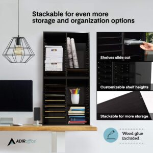 Adir Wooden Literature Organizer Sorter - Stackable Mail Craft Paper Storage Holder with Removable Shelves for Office, Classrooms, and Mailrooms Organization (16 Compartment, Black)