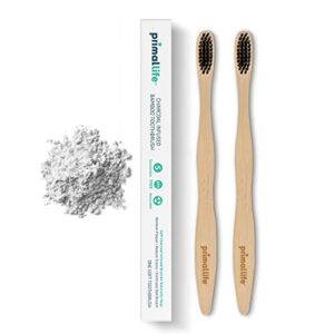 primal life organics - charcoal toothbrush, made with charcoal & bamboo, biodegradable, bpa-free, perfect for kids & adults, recyclable, gently massages gums & teeth, zero waste toothbrush, (2-pack)