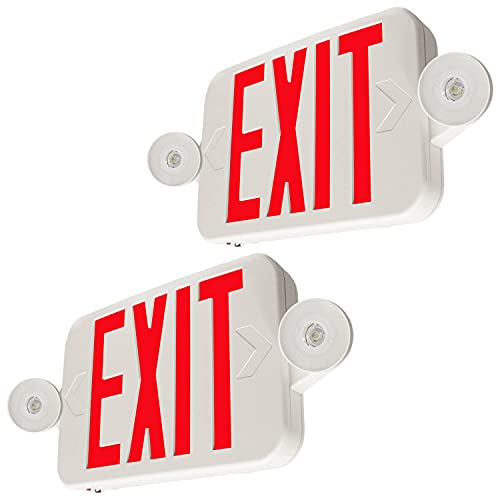 LFI Lights | Compact Combo Red Exit Sign with Emergency Lights | White Housing | All LED | Two Adjustable Round Heads | Hardwired with Battery Backup | UL Listed | (2 Pack) | COMBOJR-R