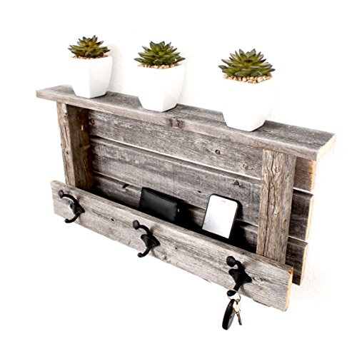 BarnwoodUSA | Rustic Wood Farmhouse Shelf with Hooks (Weathered Gray)