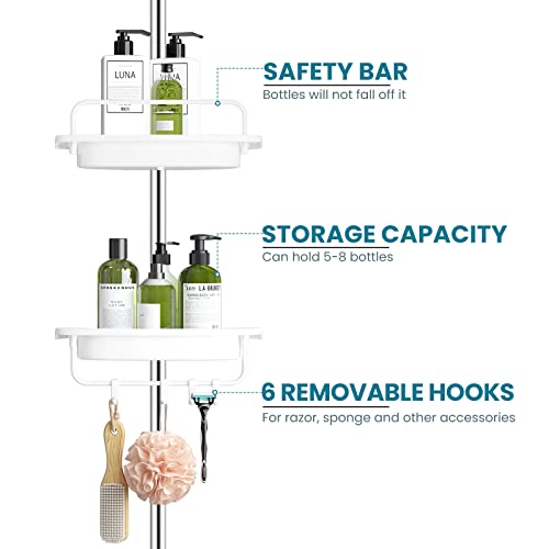 ALLZONE Rustproof Shower Caddy Corner for Bathroom,Bathtub Storage Organizer for Shampoo Accessories,4-Tier Adjustable Shelves with Tension Pole, 56 to 114 Inch, White