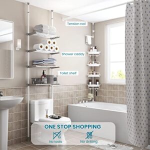 ALLZONE Rustproof Shower Caddy Corner for Bathroom,Bathtub Storage Organizer for Shampoo Accessories,4-Tier Adjustable Shelves with Tension Pole, 56 to 114 Inch, White