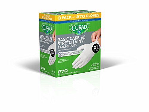 Curad - CUR3GT4R Disposable, Basic Care, 3G Stretch, Vinyl Exam, Gloves - Latex Free, Medical Grade, Non-Sterile, Powder Free, X-Large, 90 Count (3-Pack)