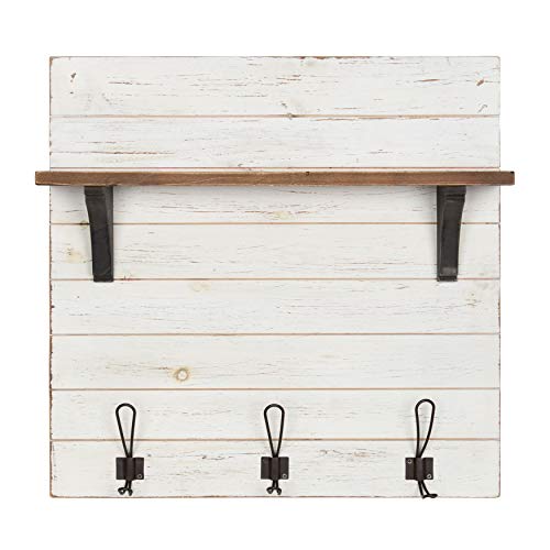 Kate and Laurel Jeran Farmhouse Distressed Shiplap Wood Wall Shelf with 3 Hooks, White