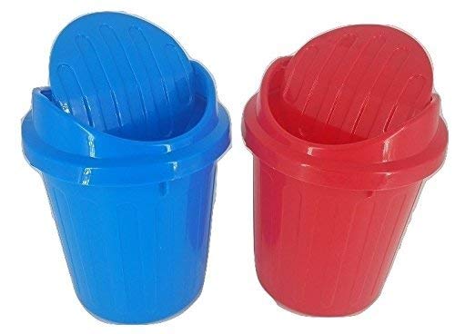 Desktop Mini Trash Can Rubbish Bin with Swing Lid Set of 2 (Red Blue)