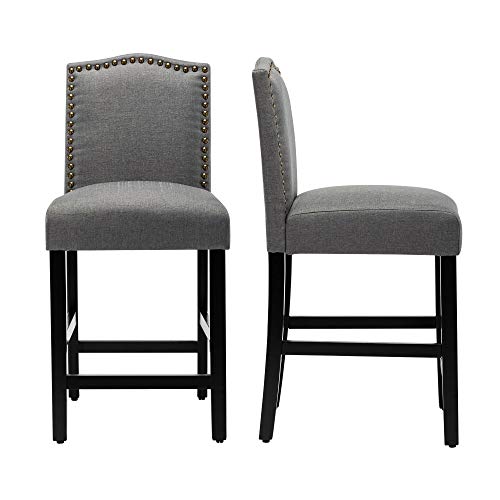 LSSBOUGHT Counter Stools, 24 inches Upholstered Bar Chairs with Solid Wood Legs and Nailed Trim Set of 2(Gray)