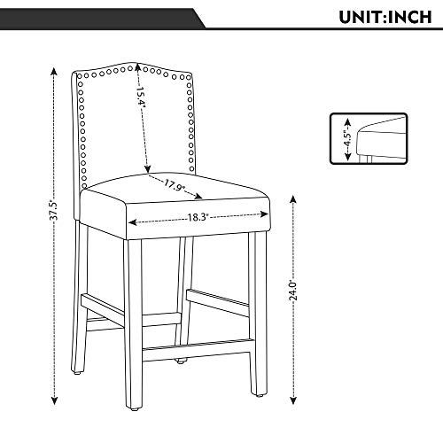 LSSBOUGHT Counter Stools, 24 inches Upholstered Bar Chairs with Solid Wood Legs and Nailed Trim Set of 2(Gray)