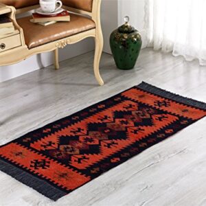 Secret Sea Collection Modern Bohemian Style Small Area Rug, 2' x 3' ft, Cotton, Washable, Reversible (Black-Orange)