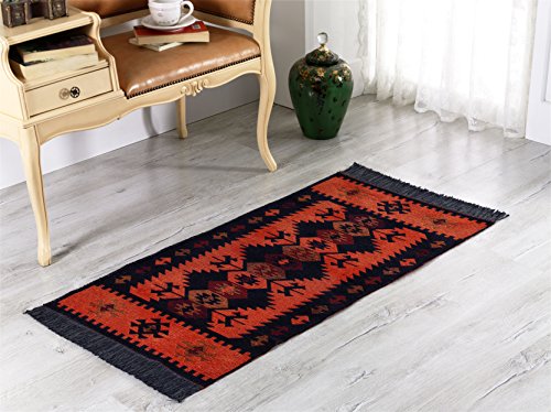 Secret Sea Collection Modern Bohemian Style Small Area Rug, 2' x 3' ft, Cotton, Washable, Reversible (Black-Orange)