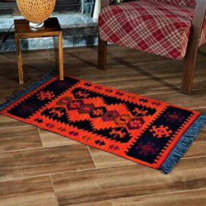 Secret Sea Collection Modern Bohemian Style Small Area Rug, 2' x 3' ft, Cotton, Washable, Reversible (Black-Orange)