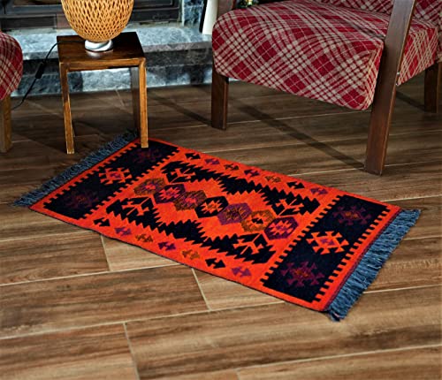 Secret Sea Collection Modern Bohemian Style Small Area Rug, 2' x 3' ft, Cotton, Washable, Reversible (Black-Orange)