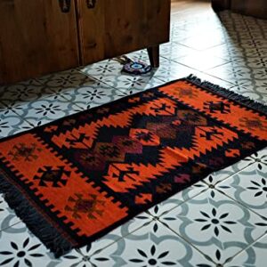 Secret Sea Collection Modern Bohemian Style Small Area Rug, 2' x 3' ft, Cotton, Washable, Reversible (Black-Orange)