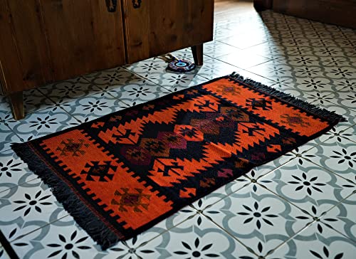 Secret Sea Collection Modern Bohemian Style Small Area Rug, 2' x 3' ft, Cotton, Washable, Reversible (Black-Orange)