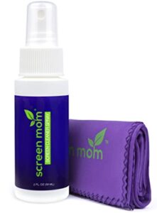 screen mom screen cleaner kit for laptop, phone cleaner, ipad, eyeglass, led, lcd, tv - includes 2oz spray and 2 purple cleaning cloths